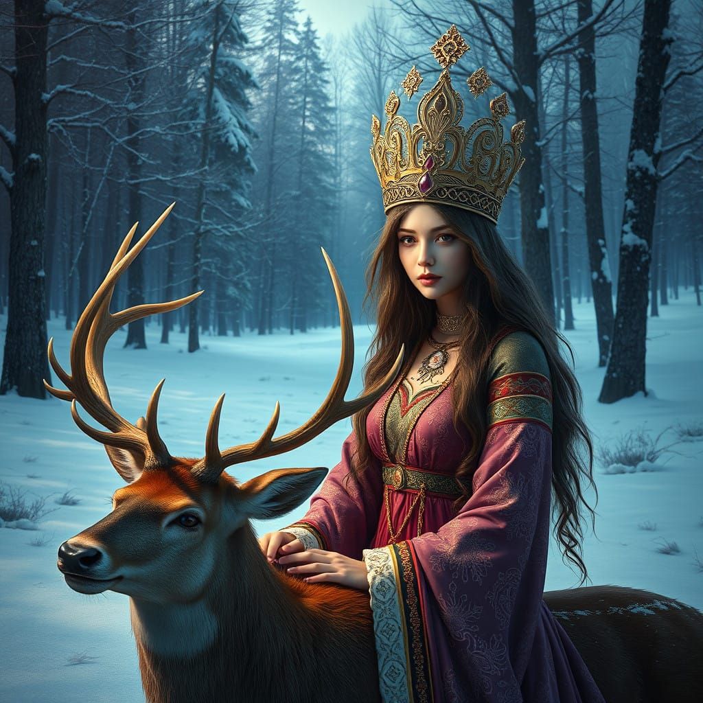 Yule Queen - Golden Winter Goddess Surrounded by Majestic De...