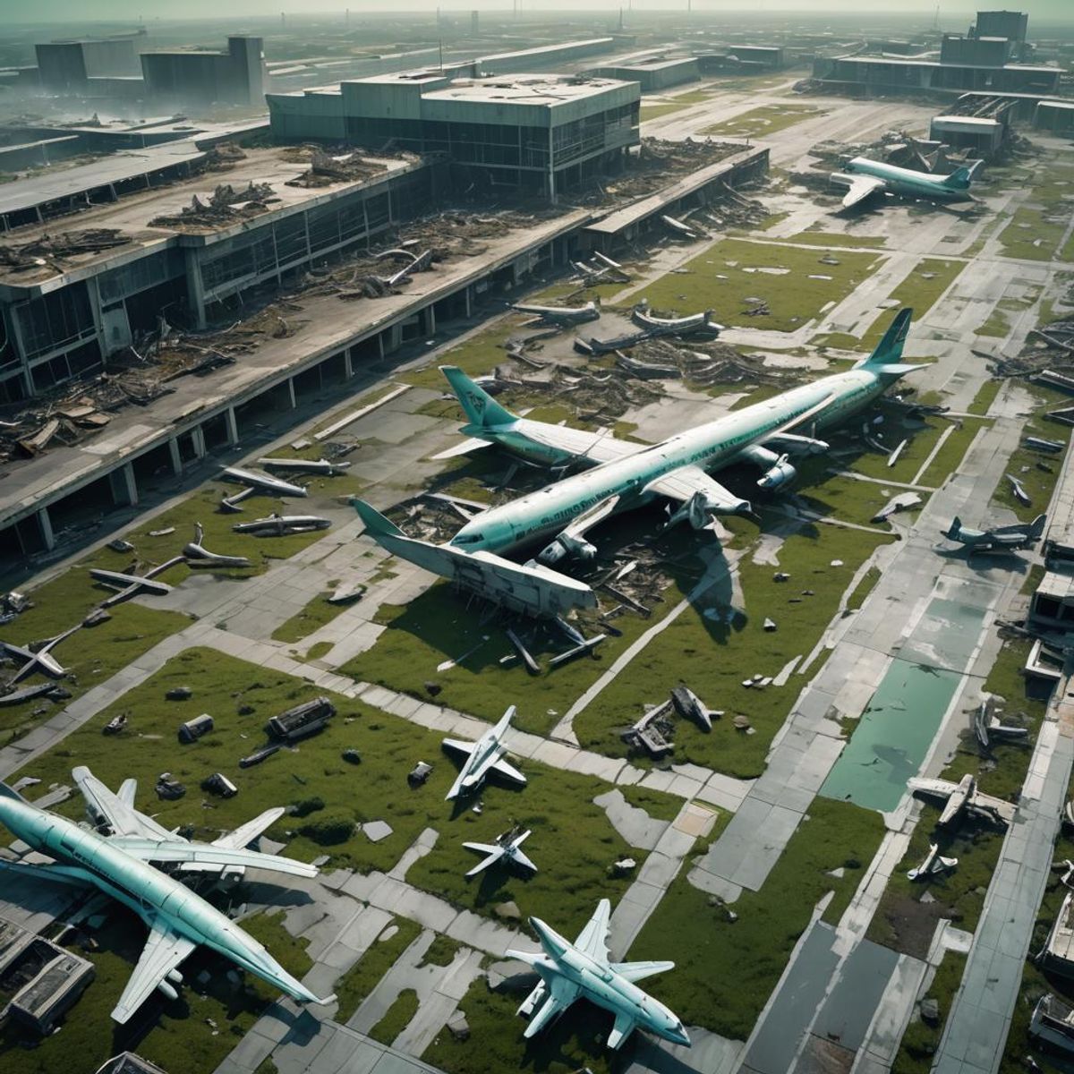 Photograph of an apocalyptic airport, desolate and overrun by nature ...