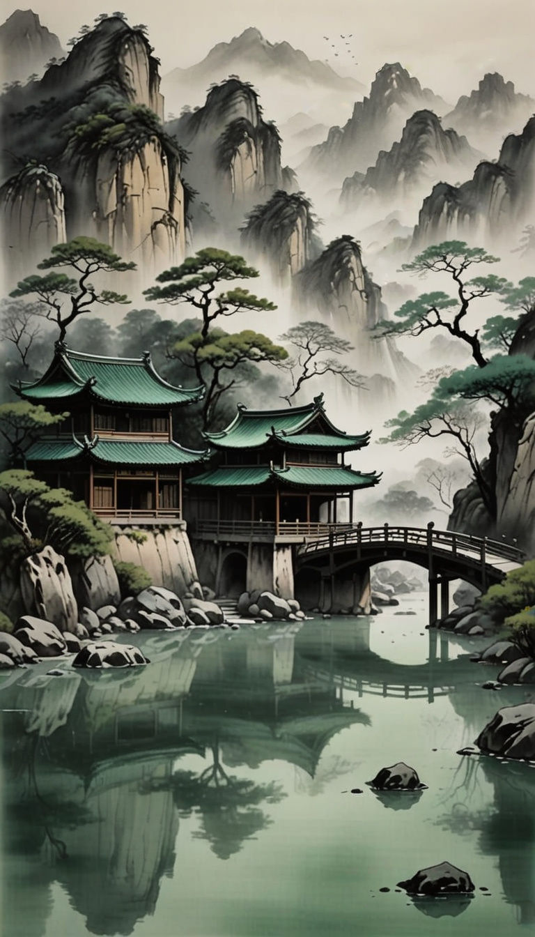 Shan Shui style - Ethereal Shan Shui Landscape in Liquid Sil...