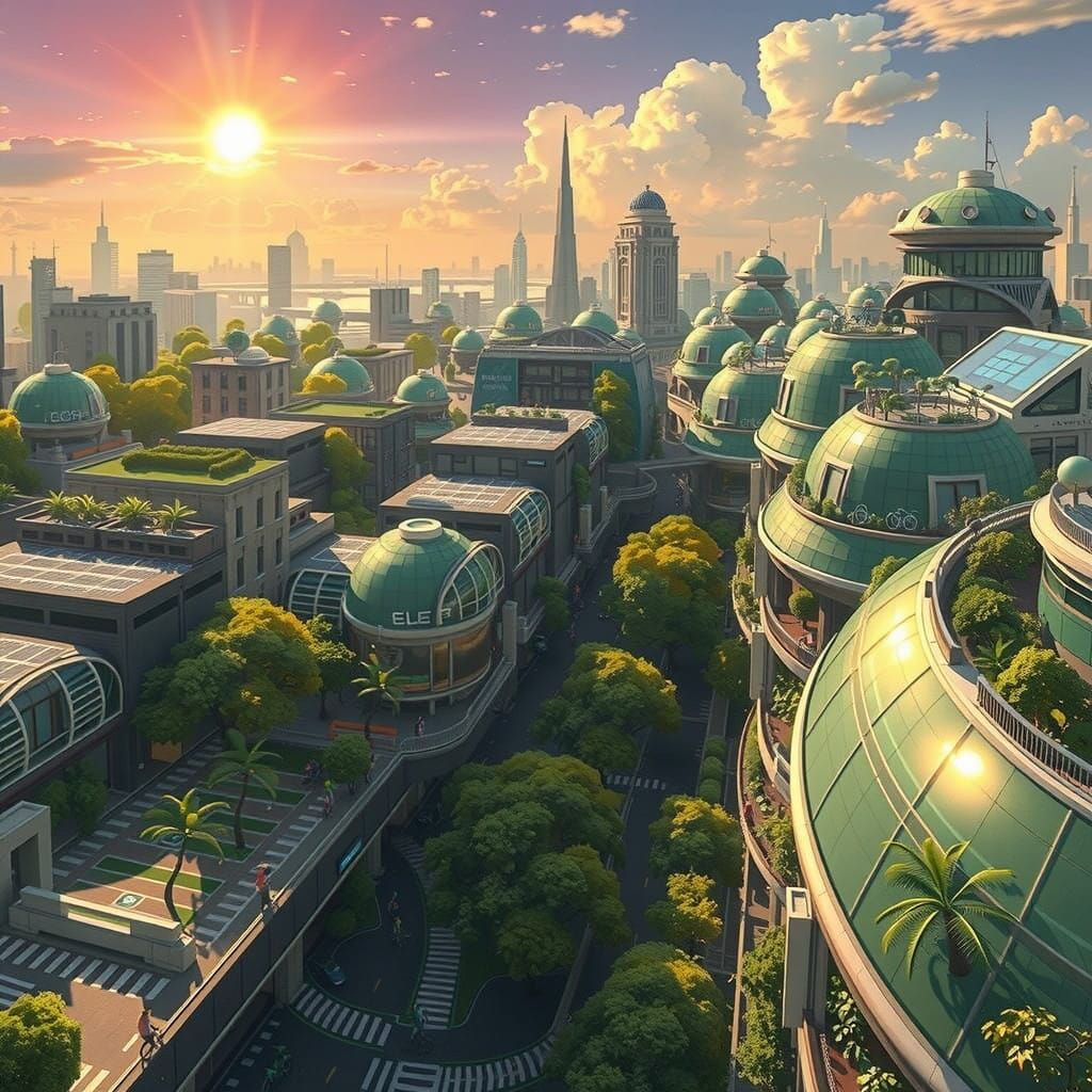Solarpunk Cityscape with Solar Panels and Greenery... - AI Art