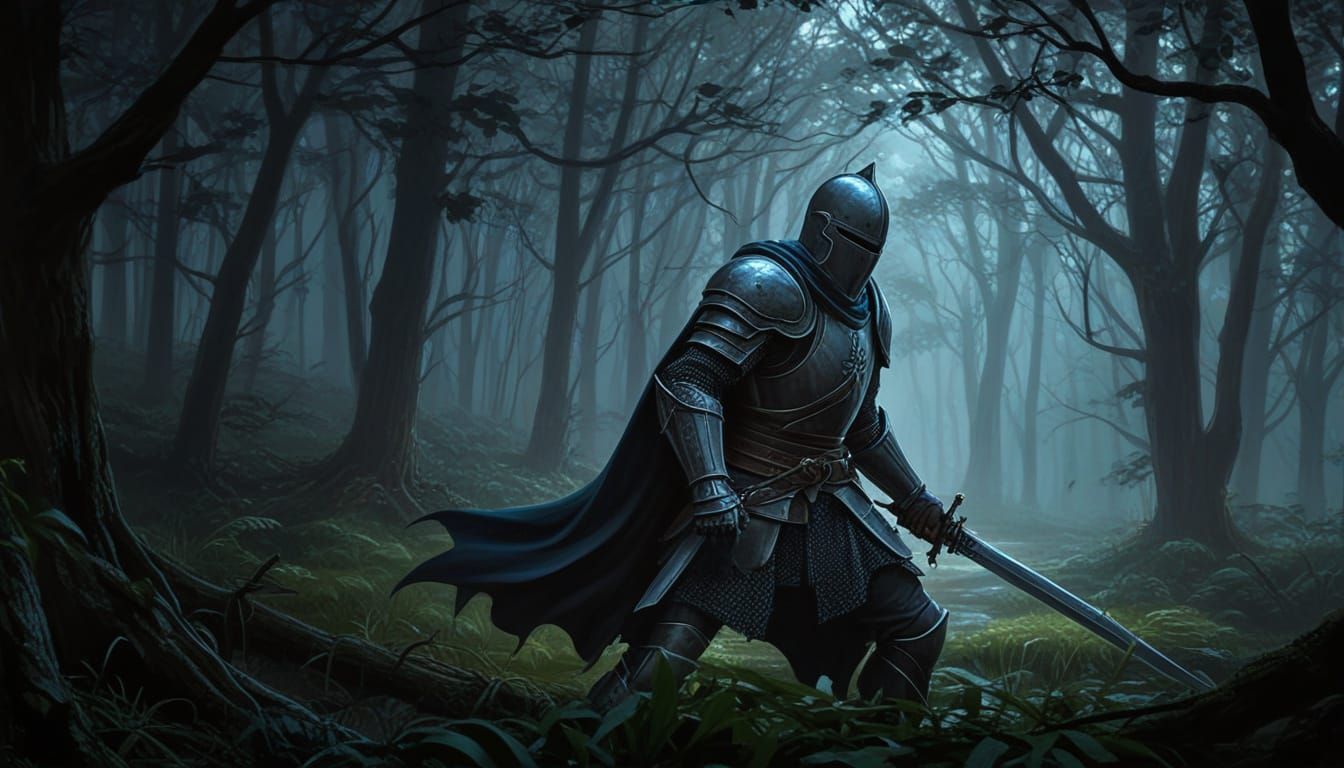 Knight in the forest - Gloomy Knight in Hyperdetailed Forest...