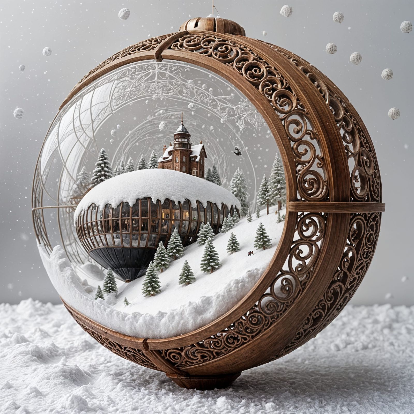 SPIRALING acorn filigree with a huge avalanche of snow INSIDE OF IT, an ...