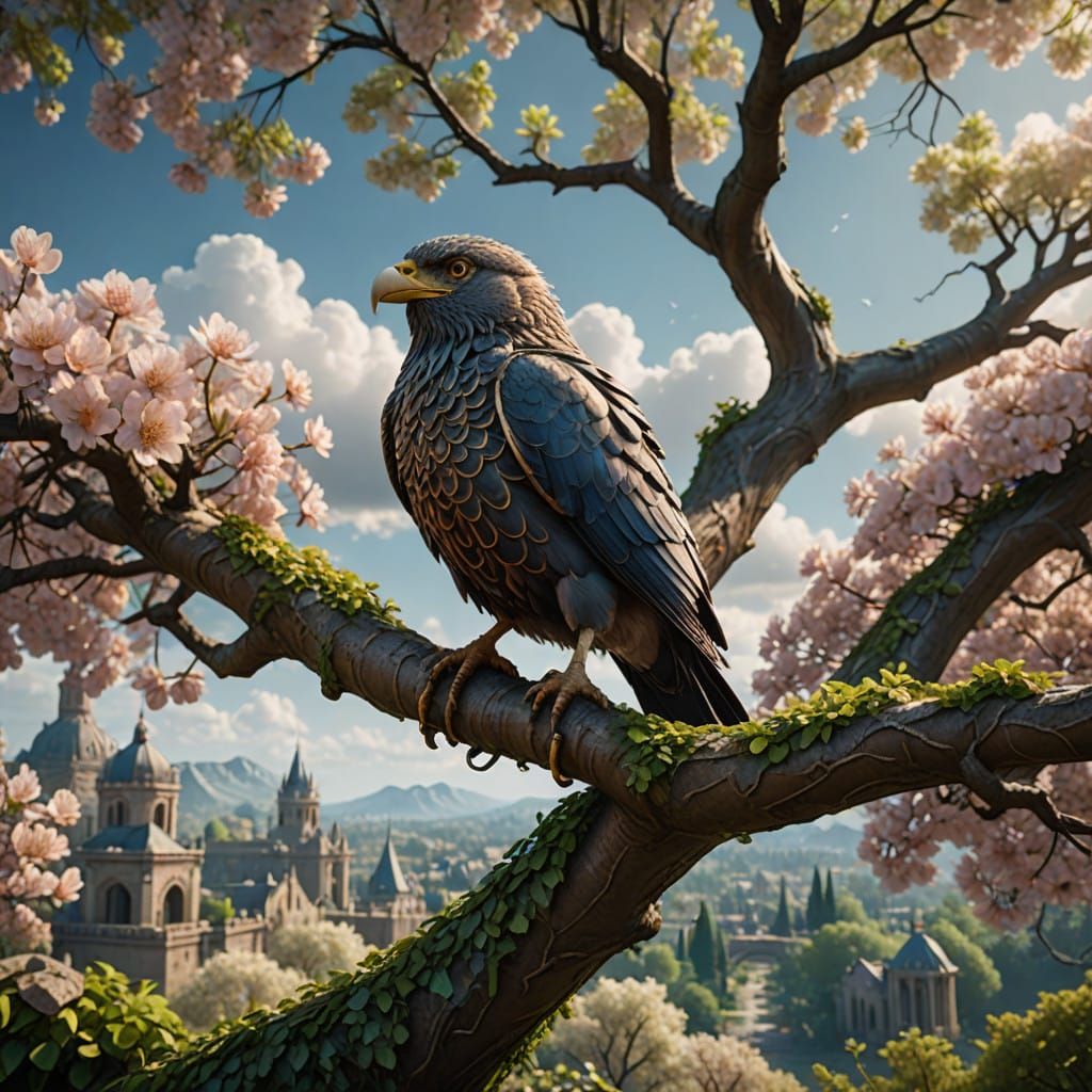 Vibrant Spring Tree Scene with Delicate Bird, in C... - AI Art