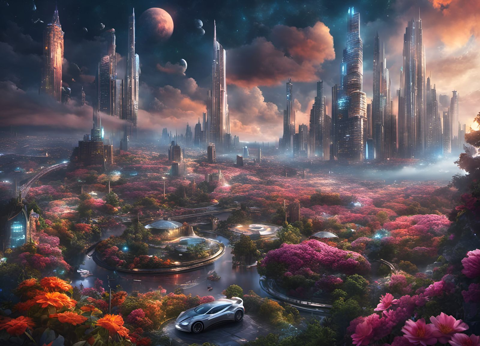 A futuristic city in the clouds, with floating skyscrapers and flying cars. The entire city is ...