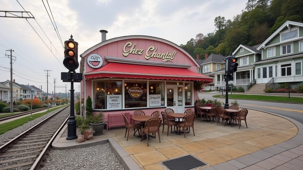 A charming pink restaurant with a red roof, labeled Chez Chantal ...