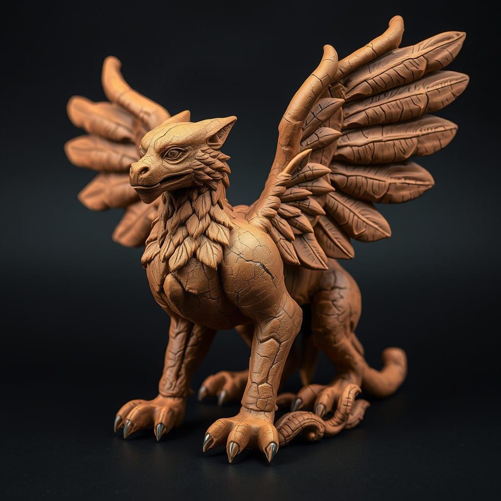 Hyper-realistic beautiful ethereal mythical griffon shaped from clay ...