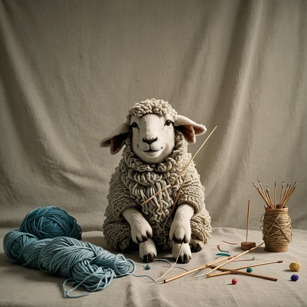 a sheep sits with knitting needles in its paws Cinematic film still ...