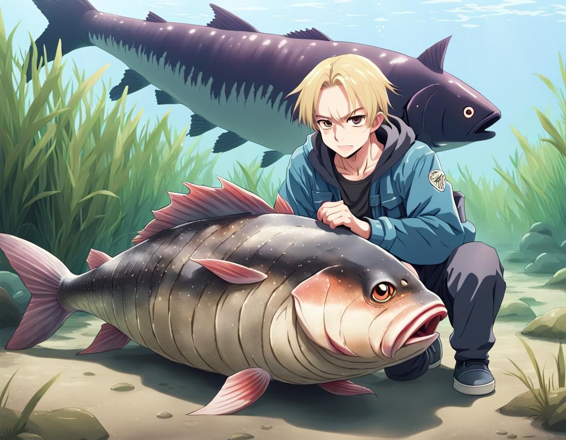 Anime version of a man crouched down holding a huge fish - AI Generated ...