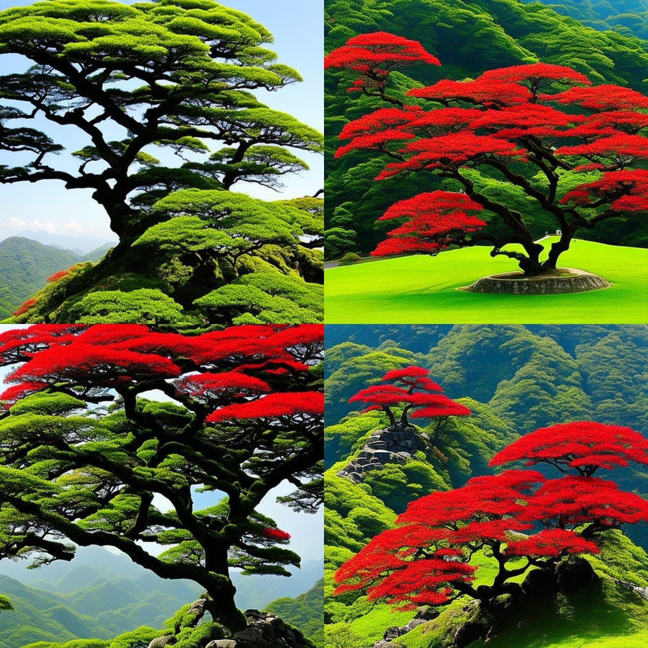 a majestic royal Poinciana tree growing on the top of a mountain in ...