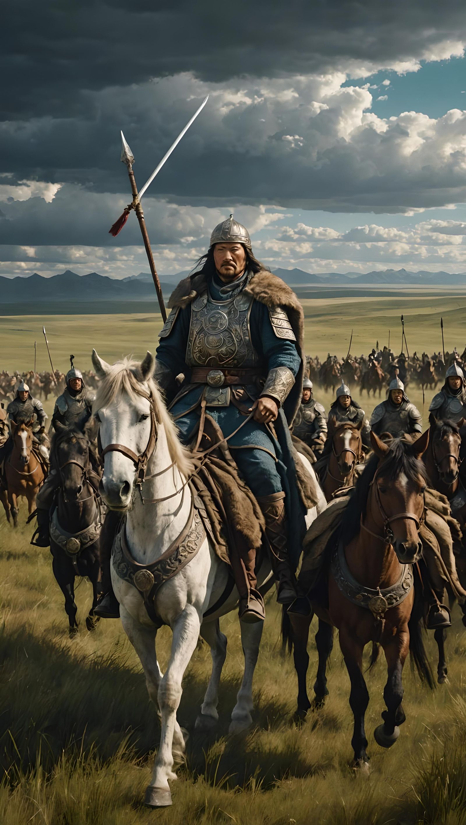 Genghis Khan on horseback, leading a column of Mongol warriors across ...