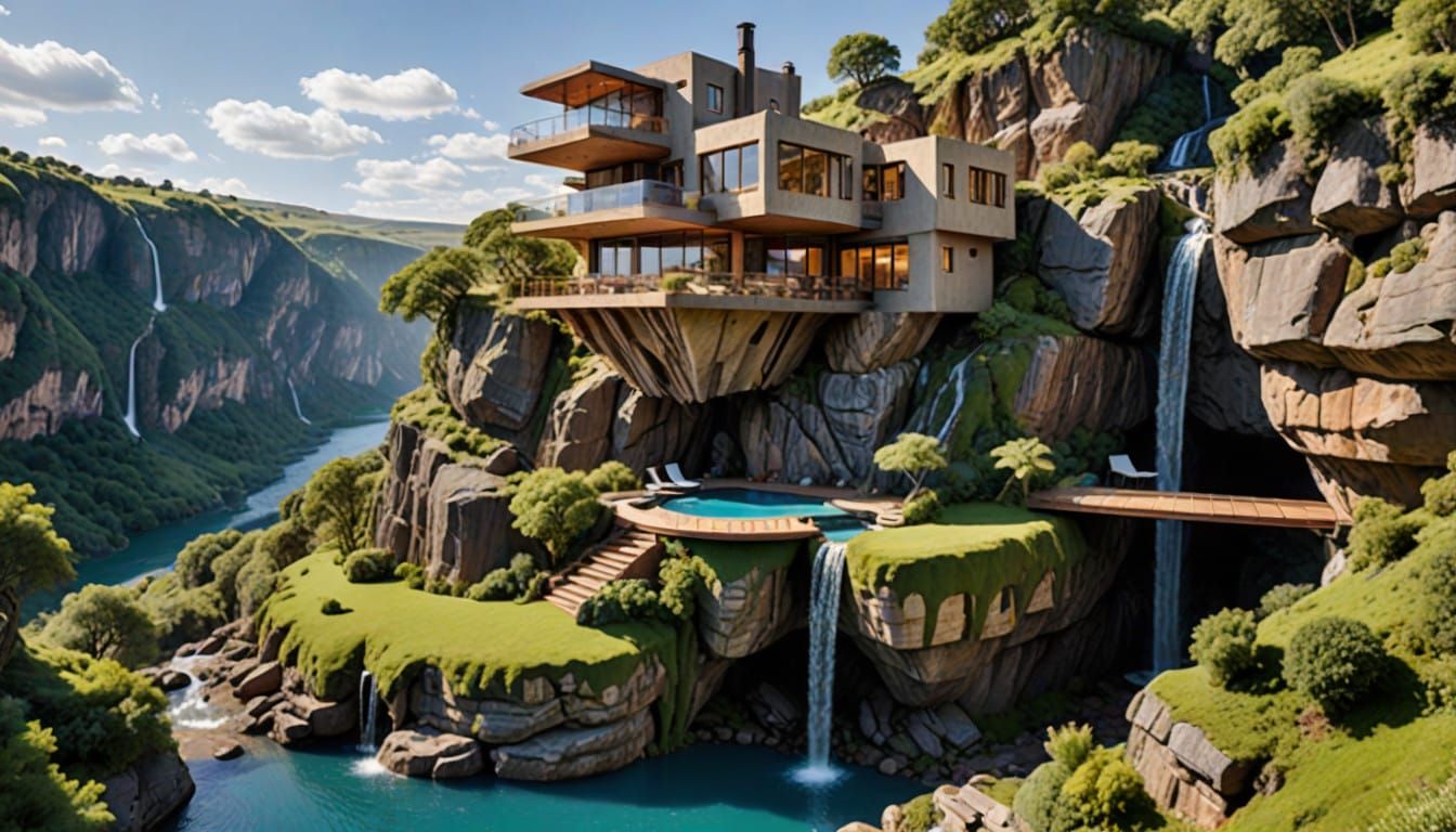 Surreal Cliffside Oasis in Impossible Architectura... - AI Art