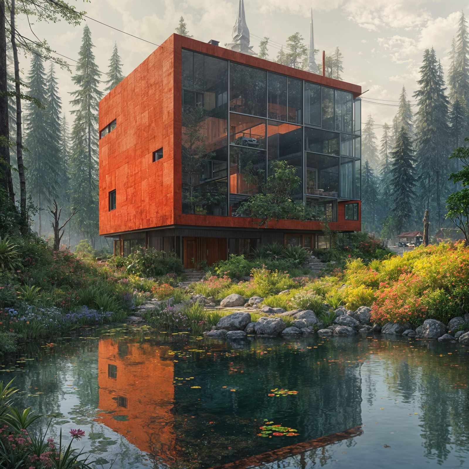 Two story red Cube House - Modern Cube House with Fantastica...