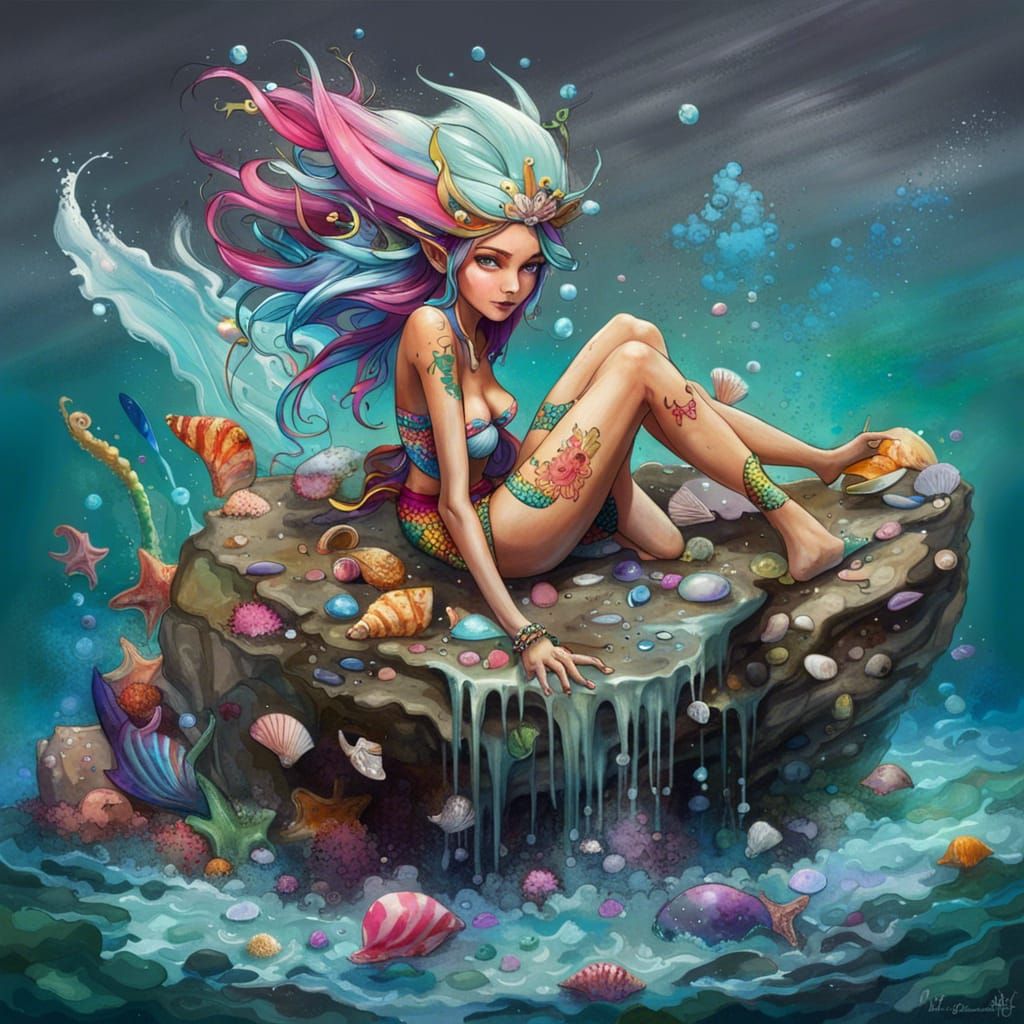 Fairy elf mermaid lyeing on a rock in the sea, seashells on her hair, and on her bra - AI ...