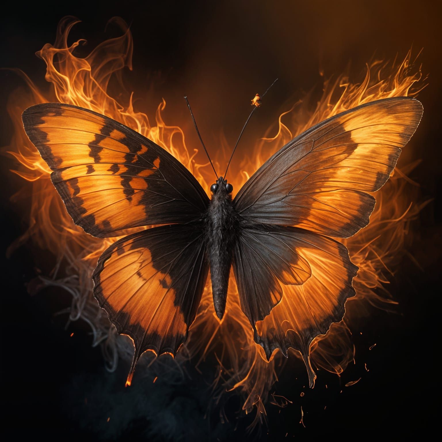 Surreal Flame Butterfly Against Dark Sky - AI Art