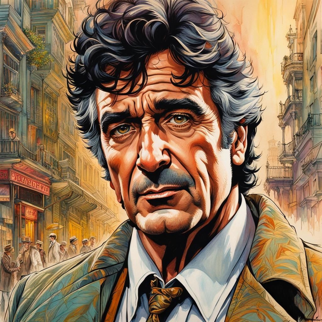 Draw a detective Mr. Columbo Peter Faulk cartoon hyper detailed ...