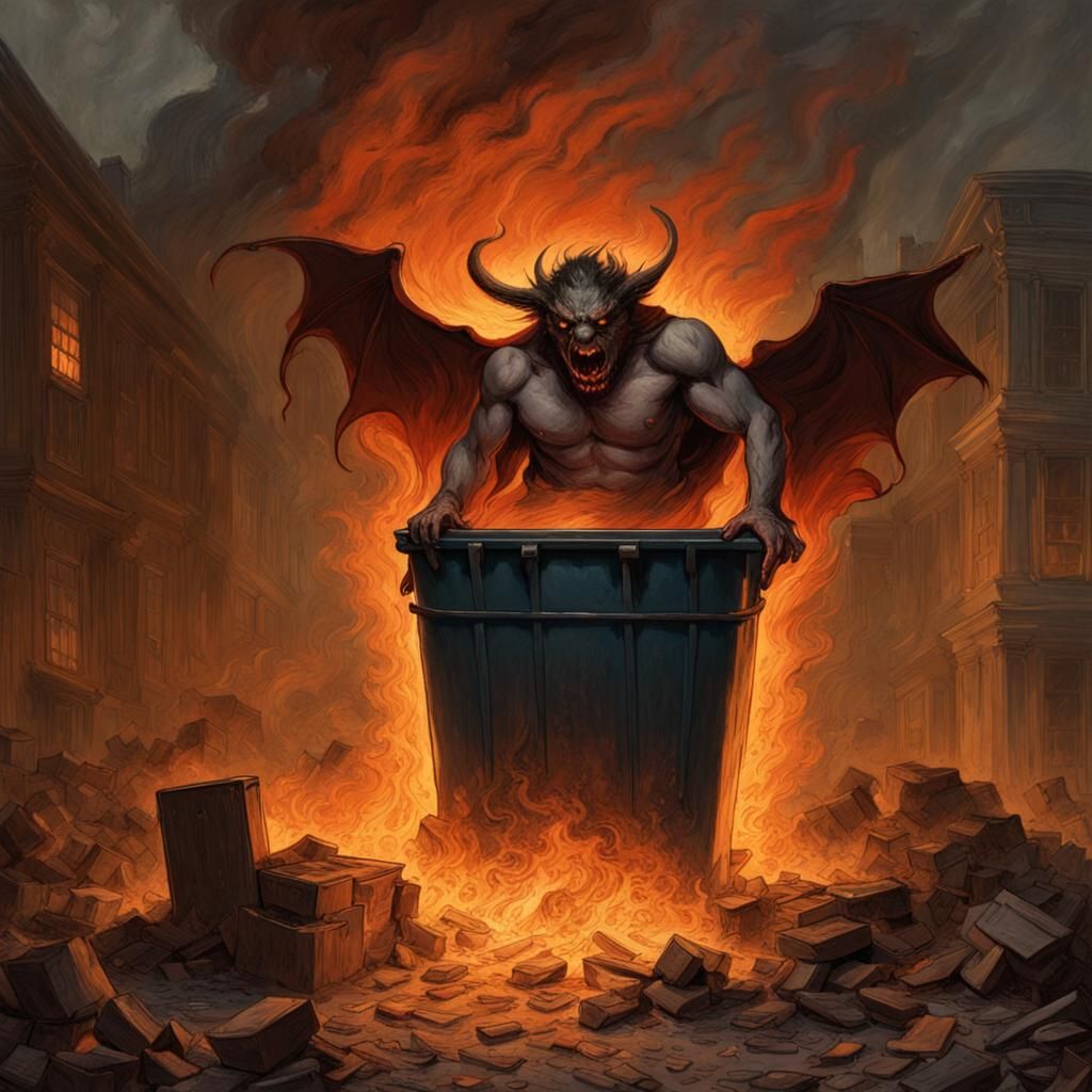 a raging dumpster fire. a demon in the flames and smoke. dangerous ...
