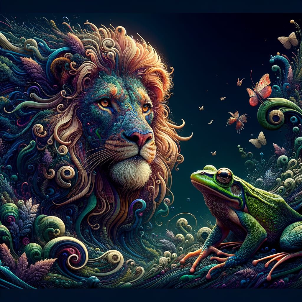 lion fused as a frog - Fantastical Lion Frog Hybrid in Unrea...