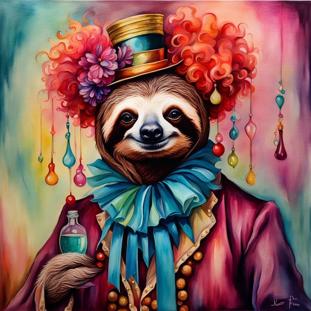whimsical SLOTH clown, INSTAGRAM carousel, fantasy, alcohol ink, oils ...