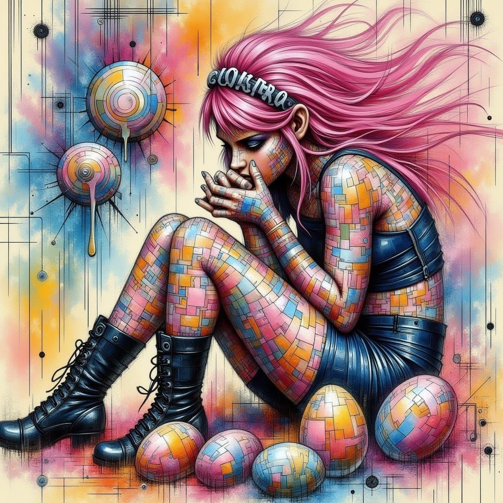 Vibrant Punk Goth Girl in Whimsical Crayon Wonderl... - AI Art