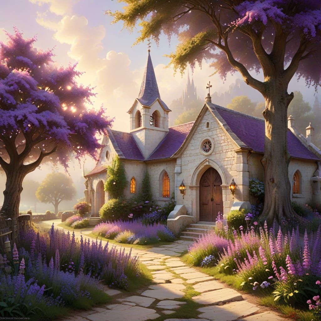 A serene French white stone country church with rustic stone walls ...