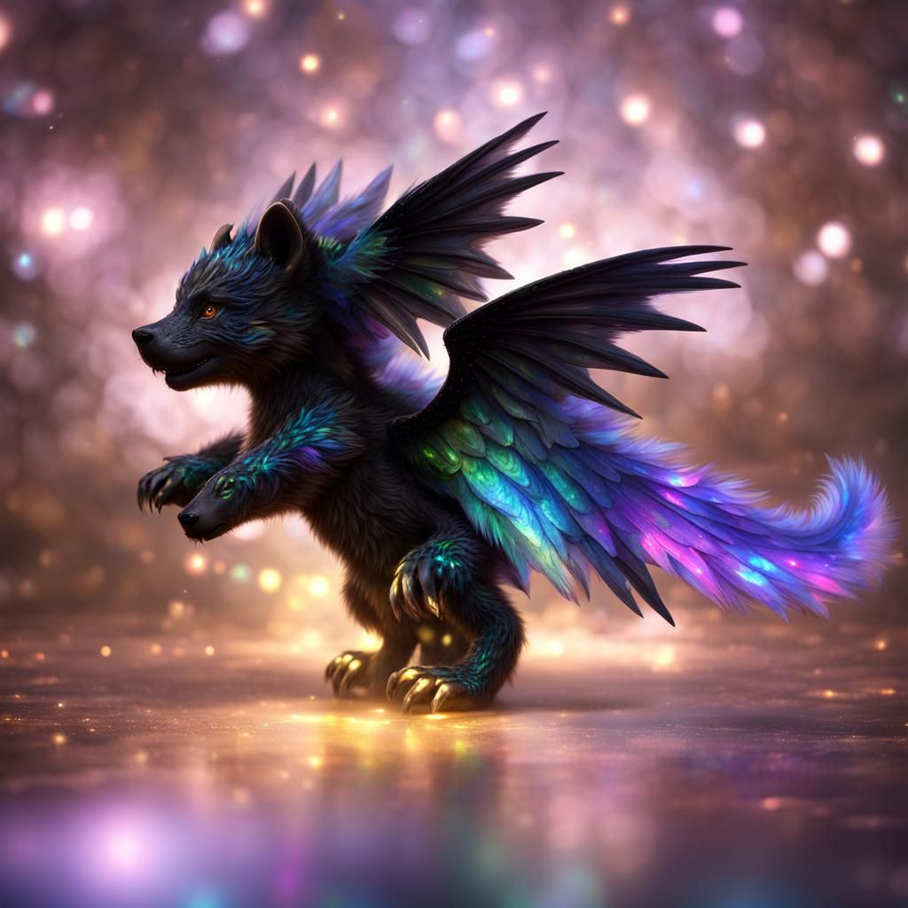 adorable winged Bear Dragon Cub, Kind Glowing eyes, intricate black ...