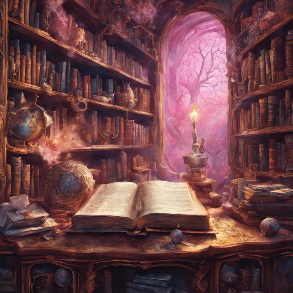 arcane library, large open book sitting on ornate cluttered desk, mist ...