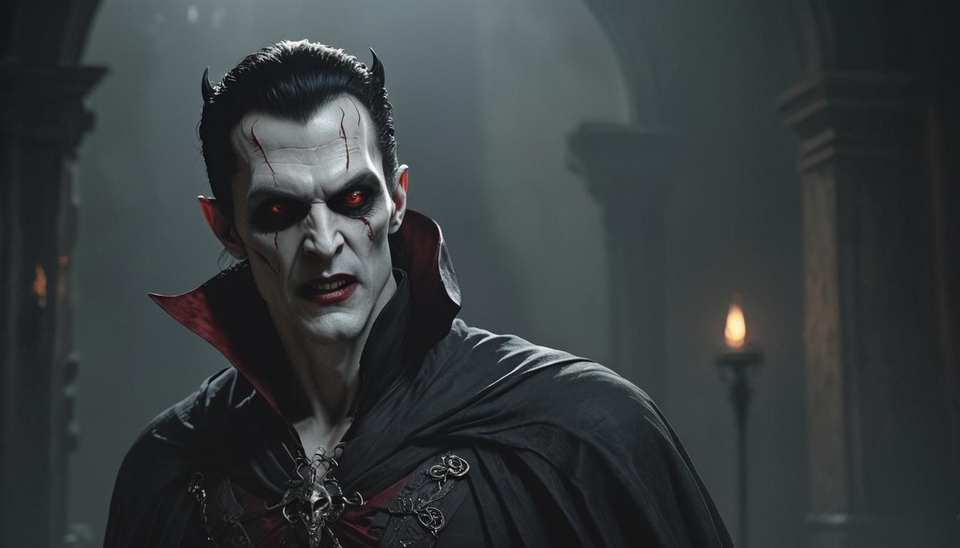 In this ethereal mesmerizing scene, A strikingly pale vampire, his ...