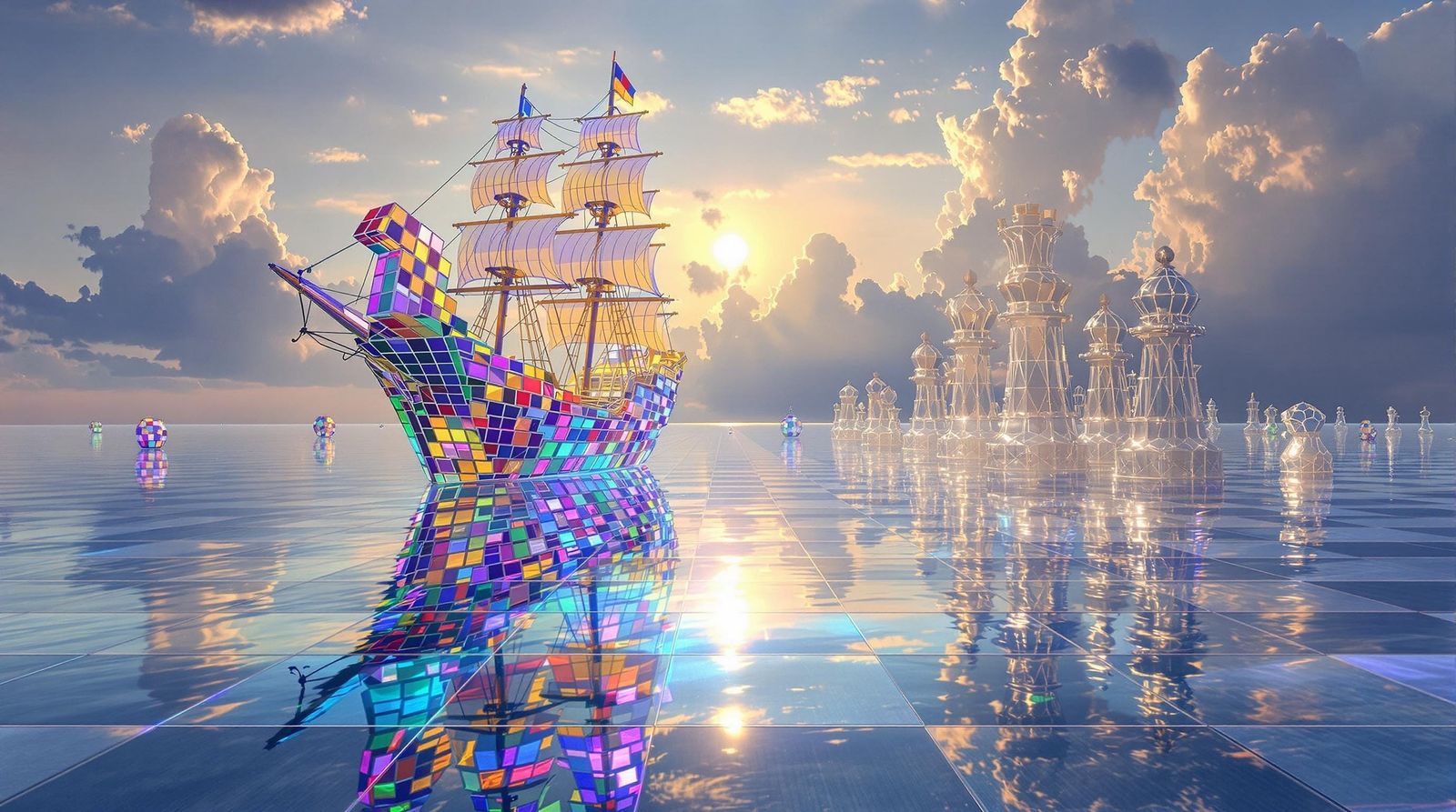 Majestic Rubik's Cube Ship Sails Under Celestial C... - AI Art