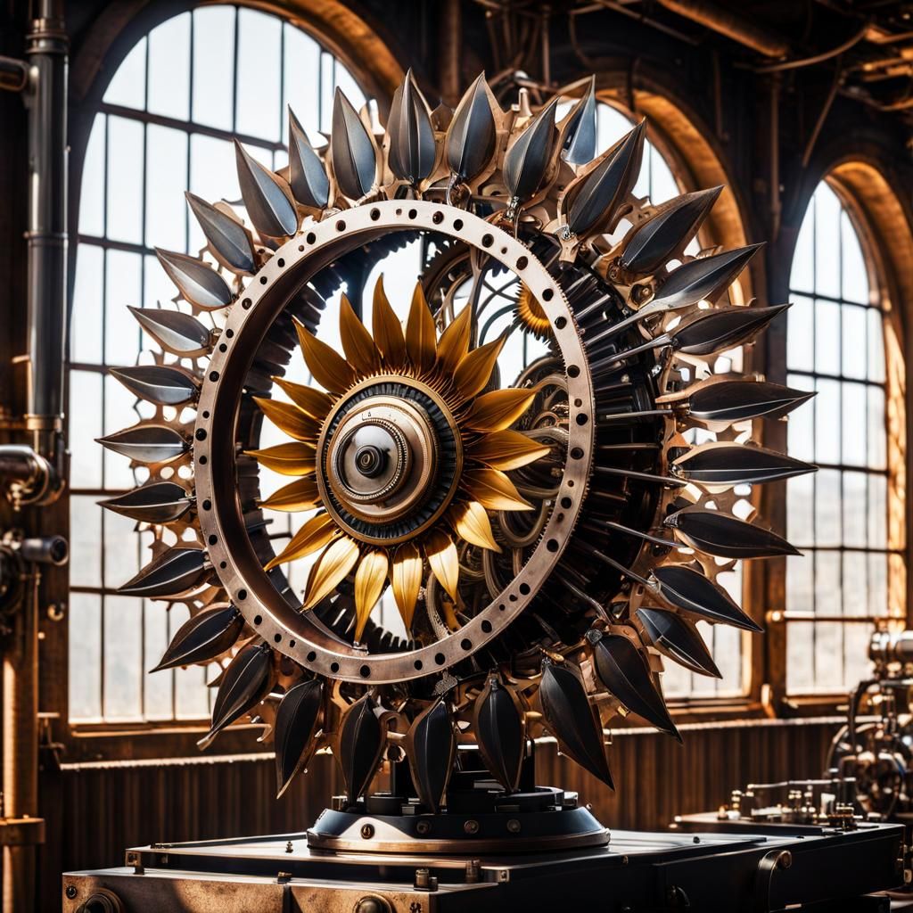 A mechanical steampunk sunflower, solarpunk aesthetic, clockwork, made ...
