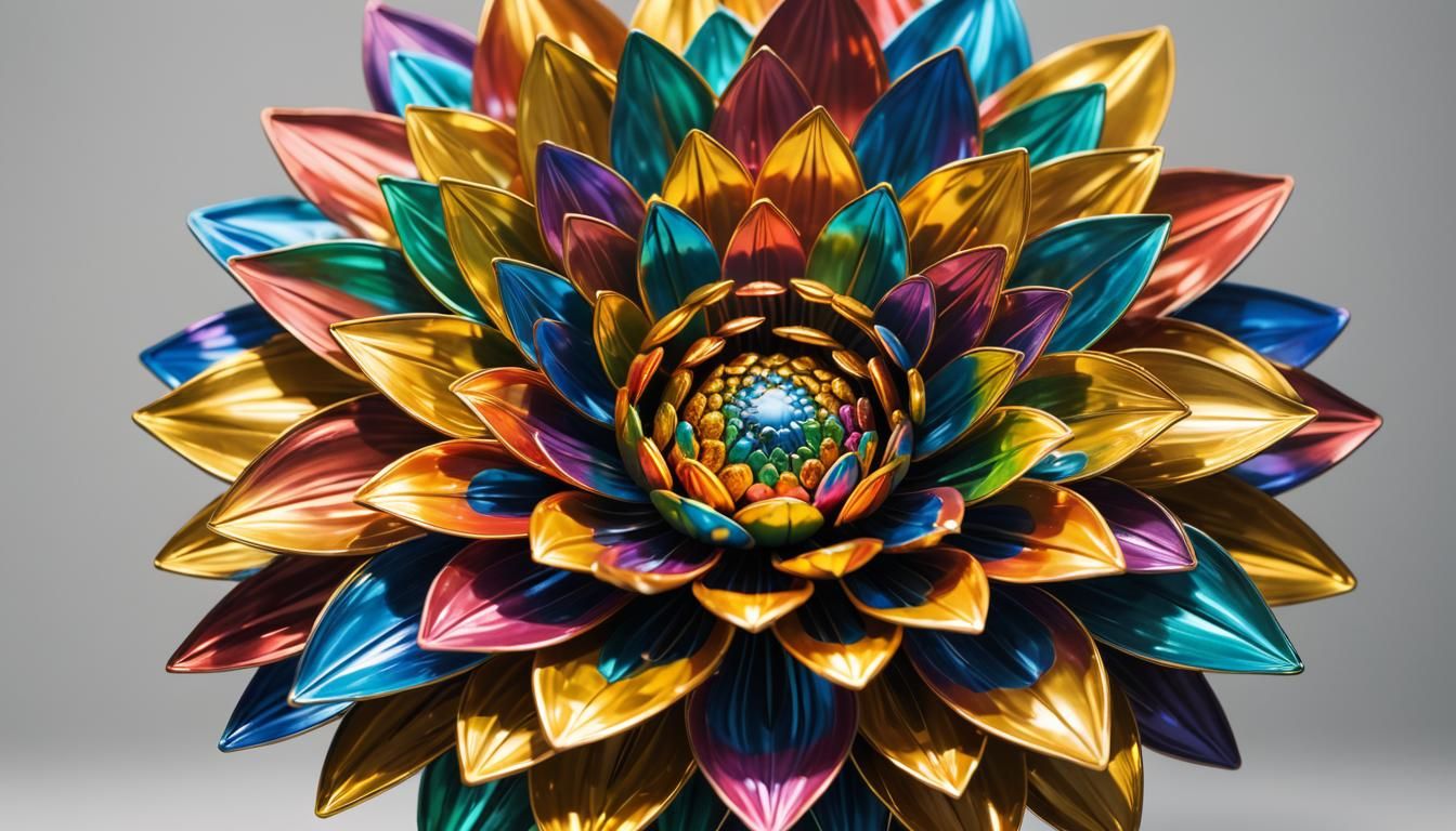 steel and gold Sculpture of an rainbow flower":"HDRI, ultra realistic ...