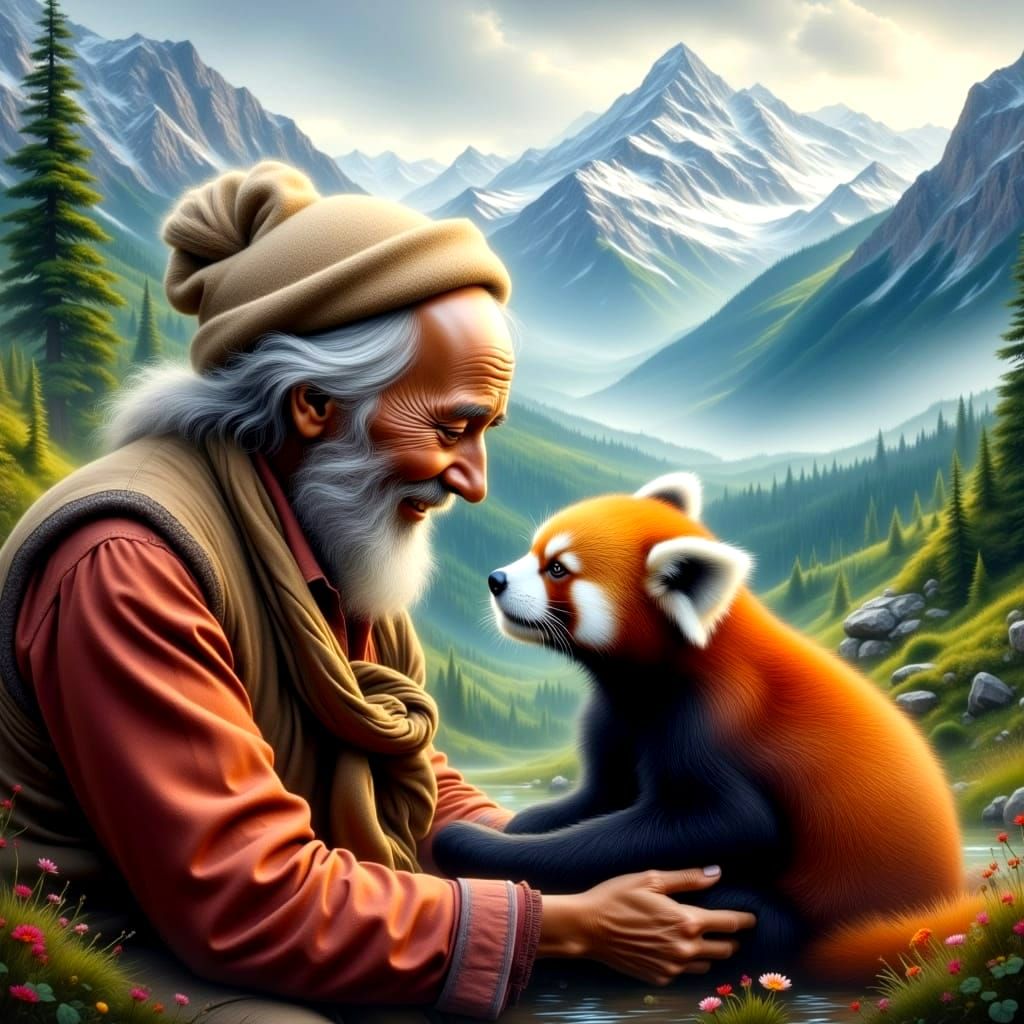 Gentle Himalayan Man Cradles Red Panda in Intimate... - AI Art