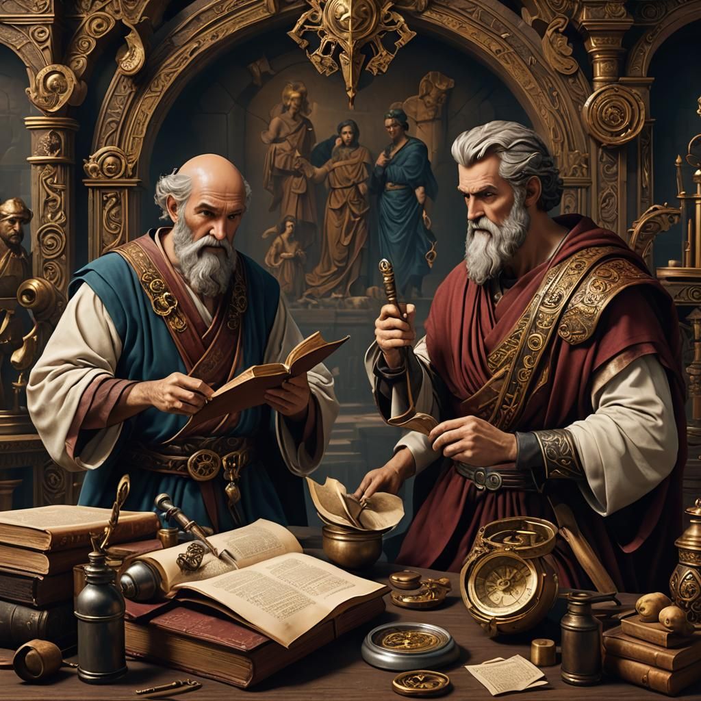 Hippocrates and Galen with scrolls and medical tools - AI Generated ...