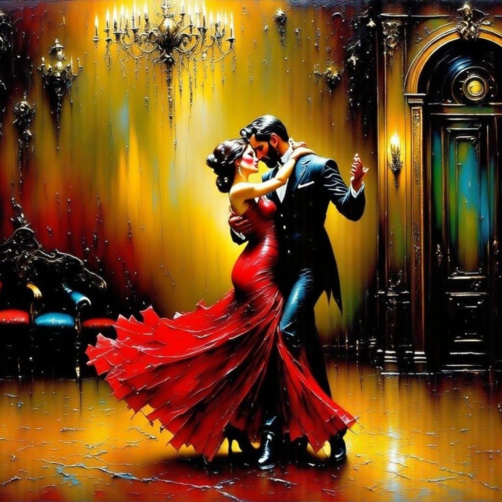 "Tango" - Dramatic Golden-Lit Tango Scene in Art Deco Style