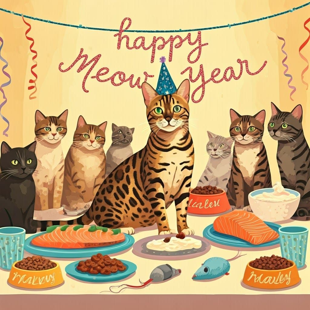Happy Meow Year - Festive Feline Friends Celebrate Happy Meo...