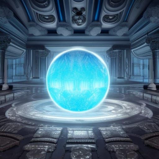 glowing marble orb in the center of alien columns (icy silver and ...