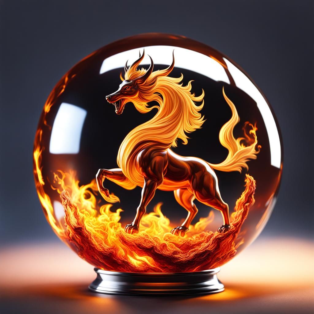 fire amber Qilin inside a crystal ball, fire, amber, Hyperrealistic ...