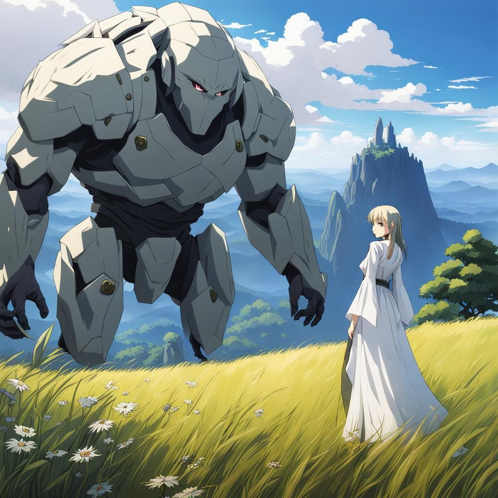 anime frieren style, female humanoid in white loose dress, guarded by a ...