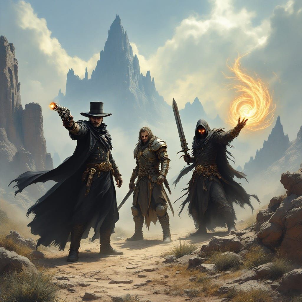 Epic Western Fantasy Landscape: Gunfighters, Sorce... - AI Art