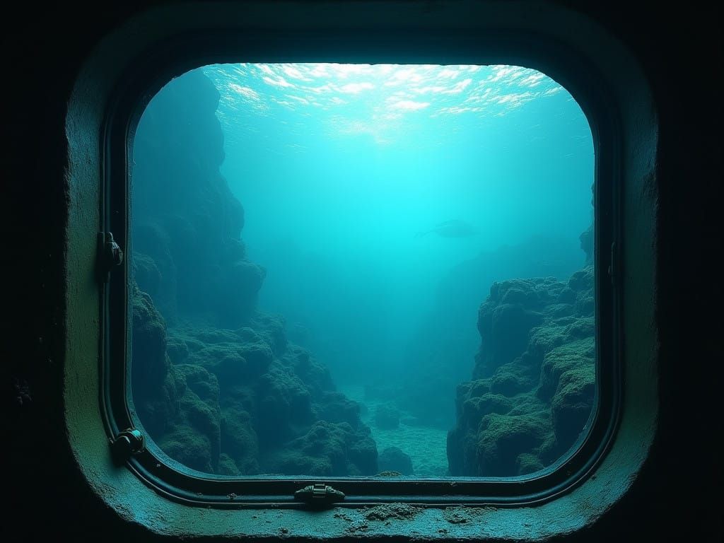 An underwater view through a submarine window.