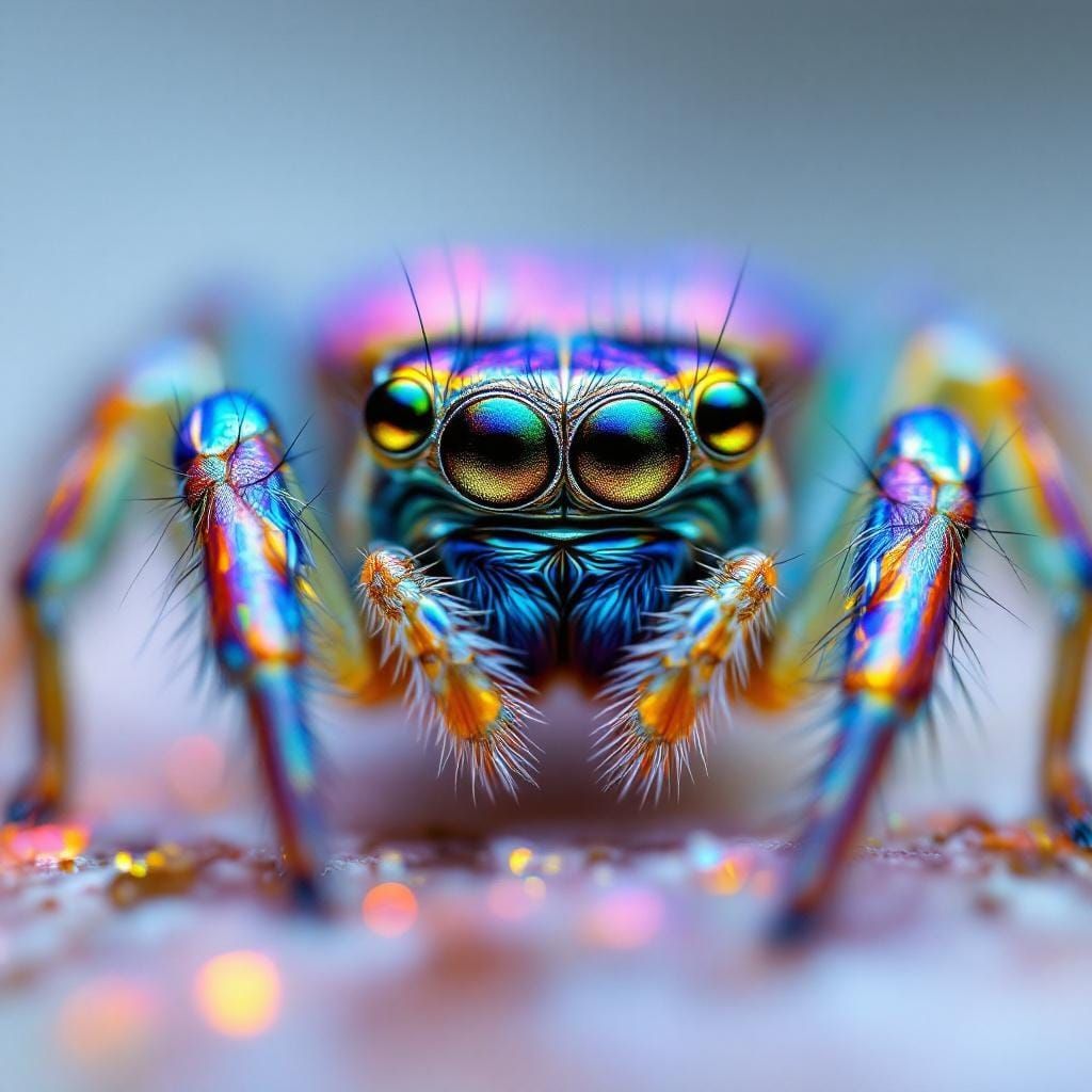 Shiny Spider - Iridescent Jumping Spider: Extreme Closeup in...