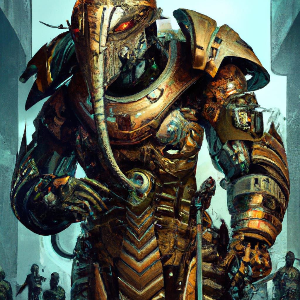 Cyber monk in elephant-insect armor, leather,brass metallic filigree ...