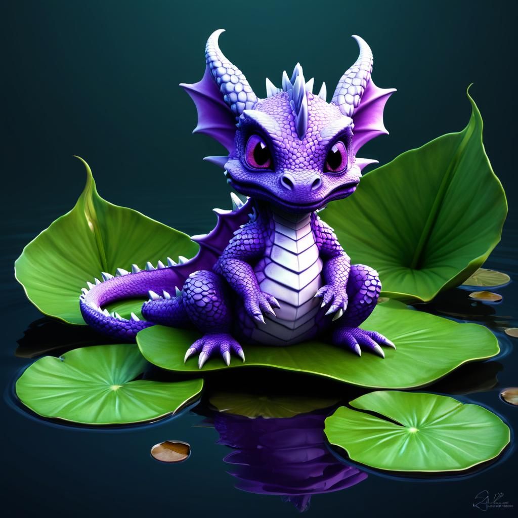 Cute purple baby dragon sitting on a lily pad deep color digital art ...