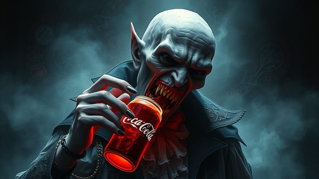 Ethereal Vampire Sinks Fangs into Glowing Coca-Col... - AI Art