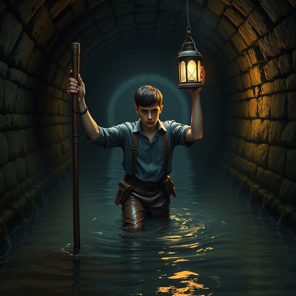 Young Explorer Probes Dark Water in Gothic Sewer T... - AI Art