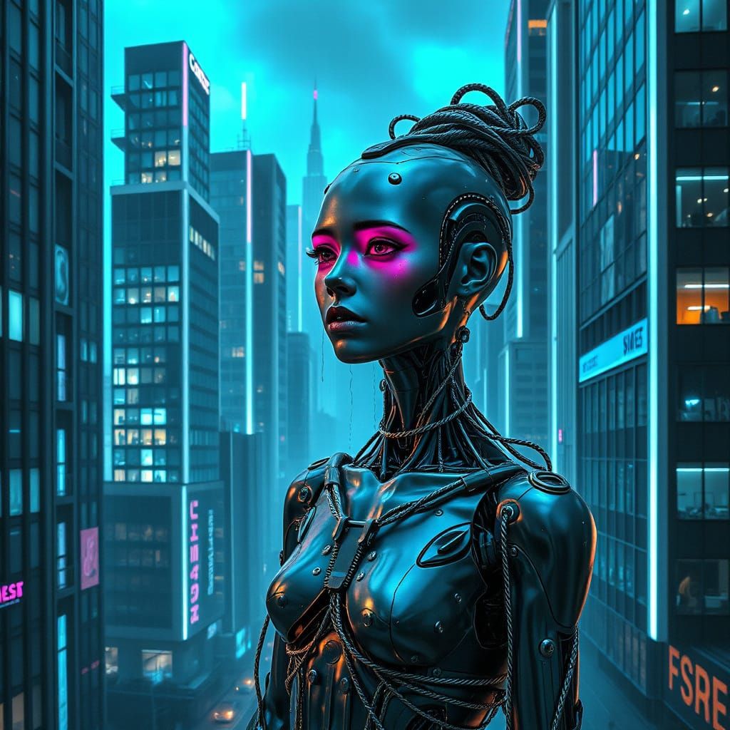 Ethereal Android in Cyberpunk Despair - AI Art
