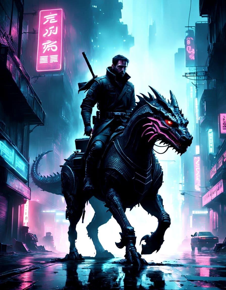 Art named - Ninja riding a dragon in Cyberpunk Reality