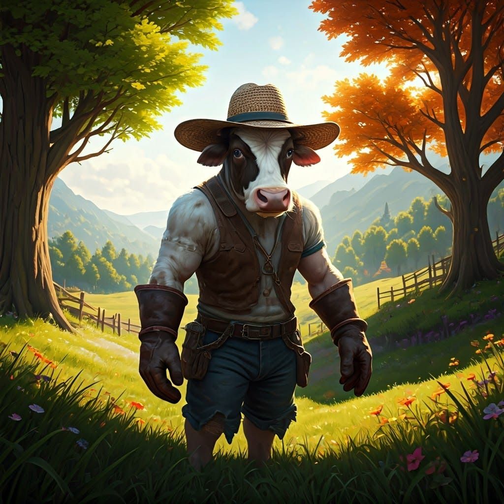 A humanoid cow wearing a straw hat - Fantasy Farmer in Straw...