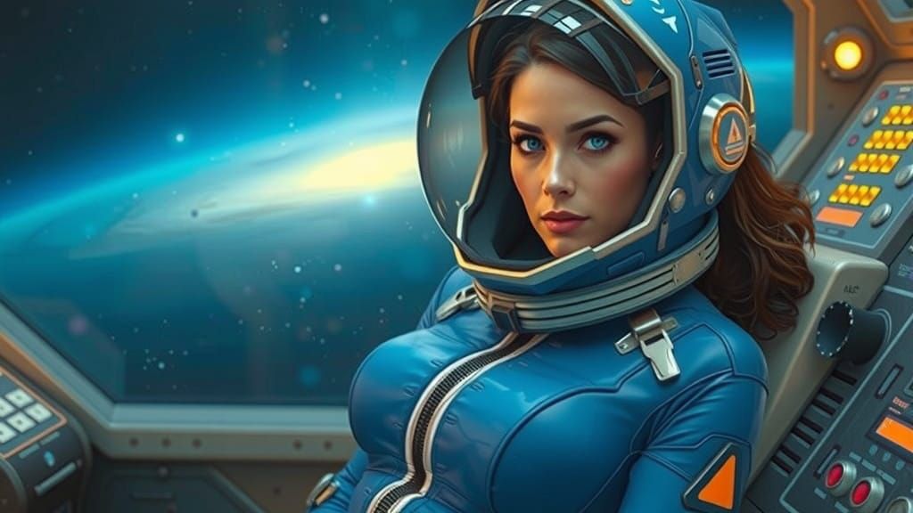 Sleek Astronautess in Futuristic Control Room Amid... - AI Art
