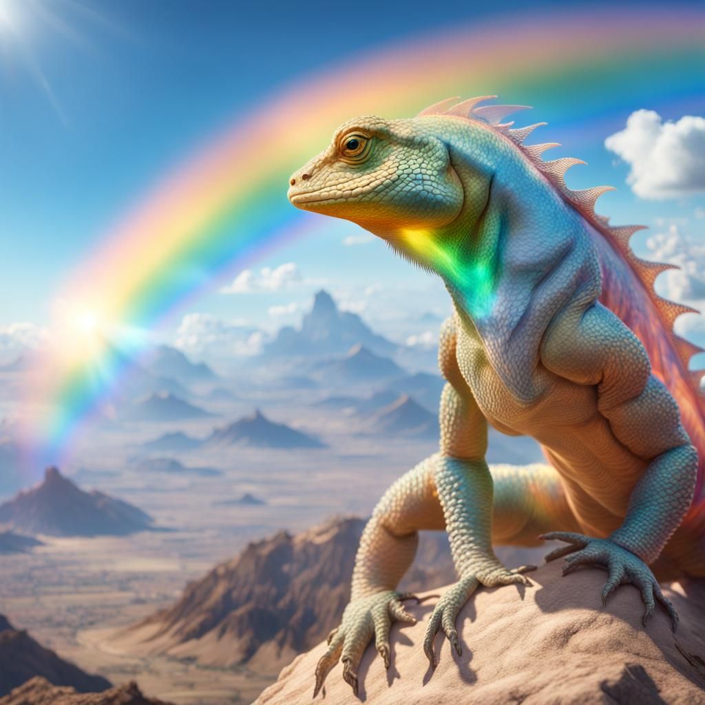 A hyper-realistic hologram of a giant transparent rainbow-colored ...