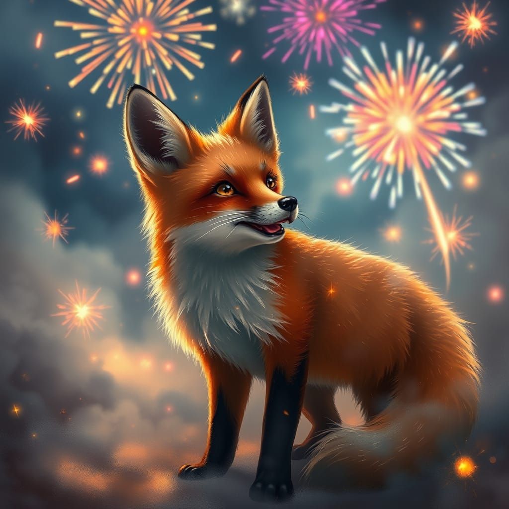 Under the glow of fireworks, the fox celebrates wi... - AI Art